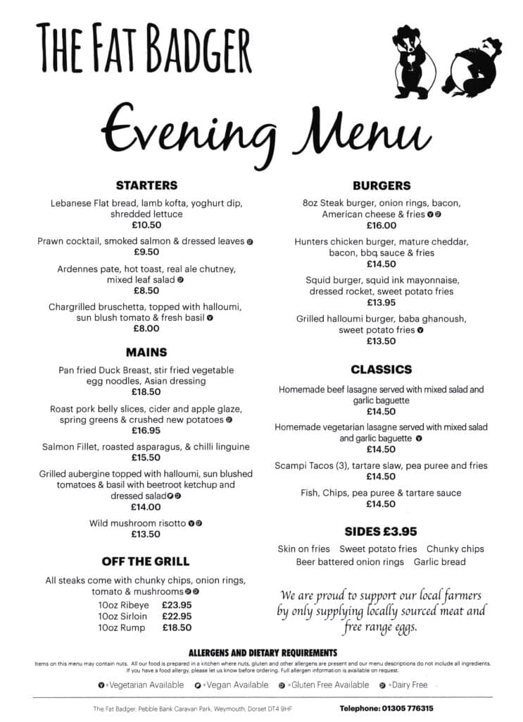 Visit the Fat Badger at the Pebble Bank Holiday Park in Weymouth